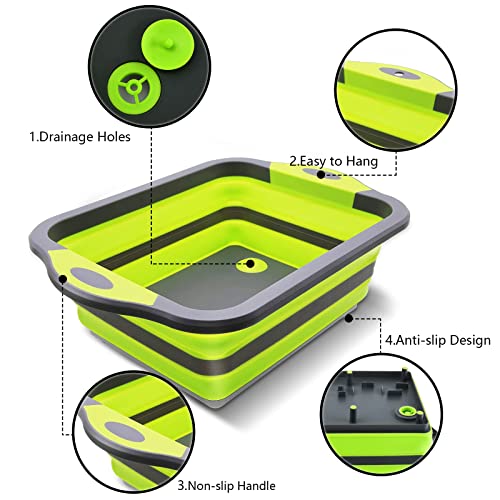 UMIKAkitchen Collapsible Cutting Board - Portable Washing Veggies Fruits Food Grade Camping Sink (4.25 Gal) with Draining Plug - Collapsible Sink Camping,Camping Dish Washing Station(Green)