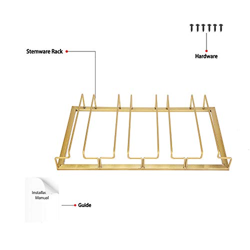 FOMANSH Wine Glass Rack Under Cabinet - Stemware Holder Metal Wine Glass Organizer Glasses Storage Hanger for Bar Kitchen Gold 4 Rows