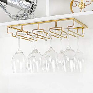 FOMANSH Wine Glass Rack Under Cabinet - Stemware Holder Metal Wine Glass Organizer Glasses Storage Hanger for Bar Kitchen Gold 4 Rows