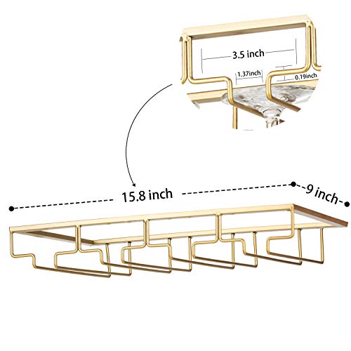 FOMANSH Wine Glass Rack Under Cabinet - Stemware Holder Metal Wine Glass Organizer Glasses Storage Hanger for Bar Kitchen Gold 4 Rows