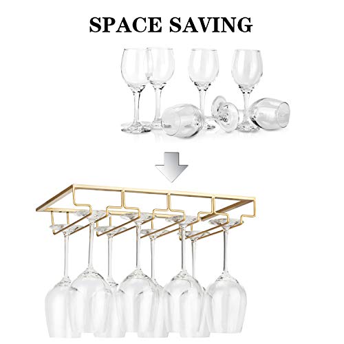 FOMANSH Wine Glass Rack Under Cabinet - Stemware Holder Metal Wine Glass Organizer Glasses Storage Hanger for Bar Kitchen Gold 4 Rows