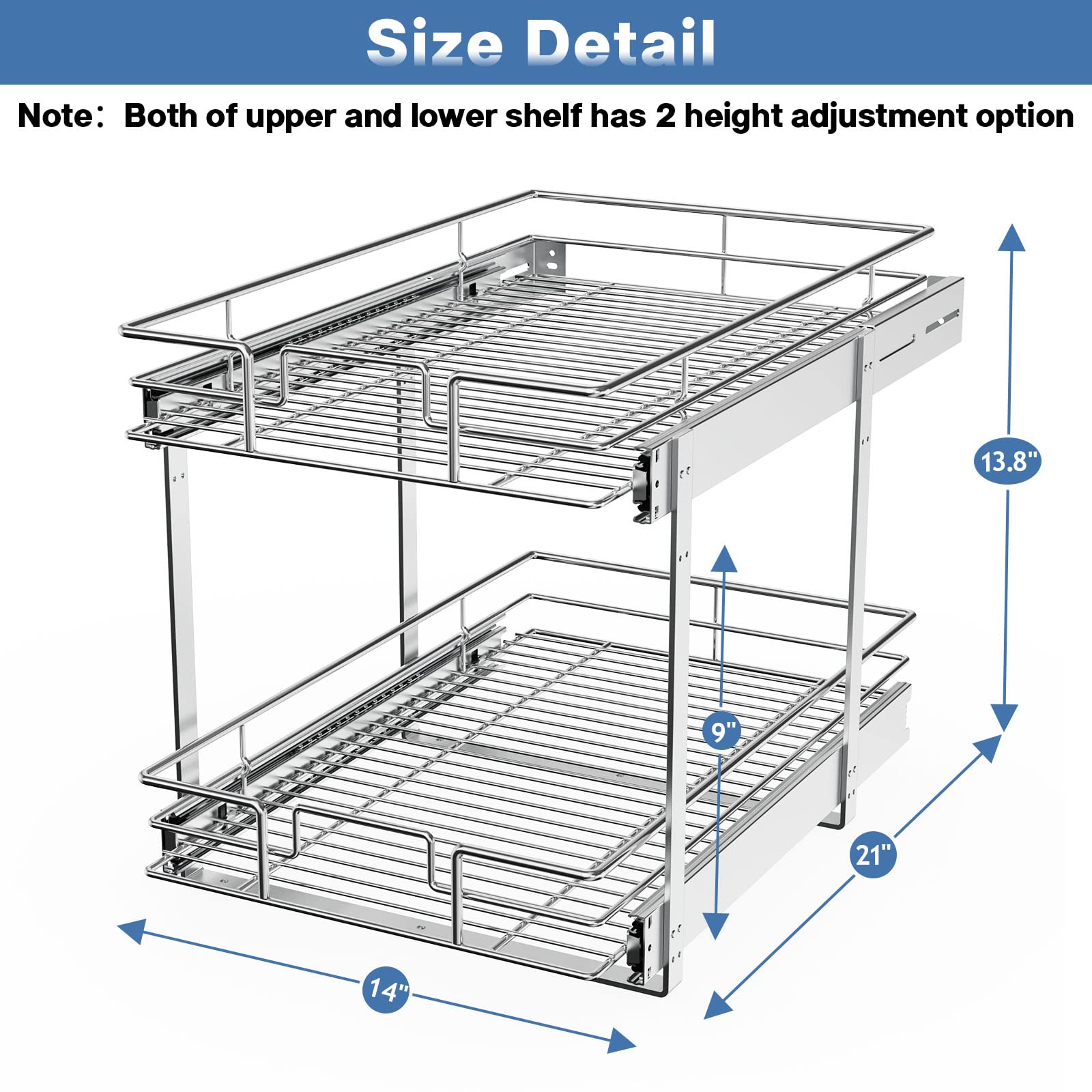 LOVMOR 2 Tier Individual Pull Out Cabinet Organizer 14" W x 21" D, Slide Out Kitchen Cabinet Storage Sliding Shelves