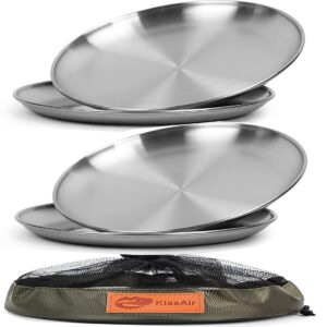 KissAir Portable Camp Kitchen Utensil Organizer Set Reusable Brushed 18/8 Stainless Steel Round 9 Inch Plates Dish