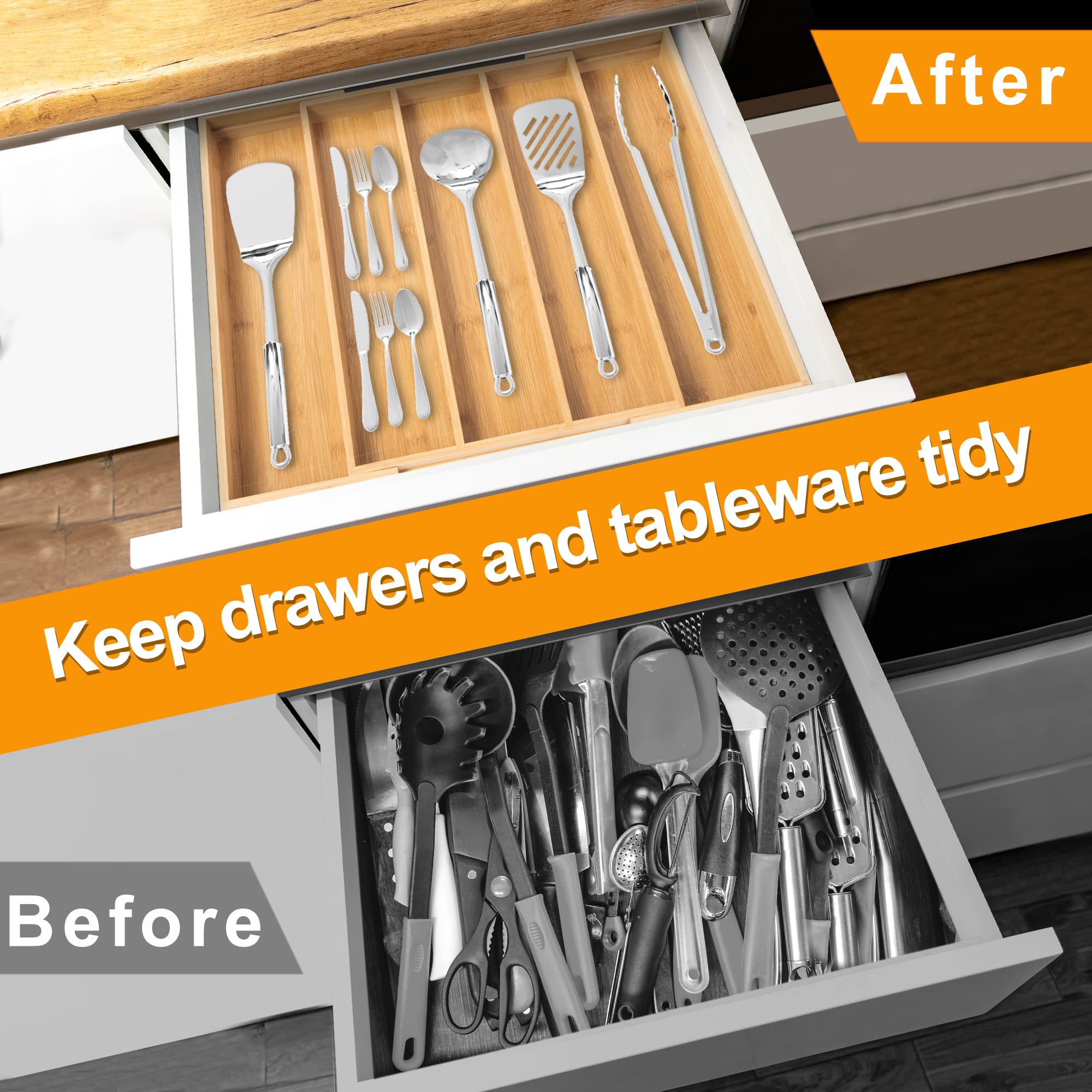 oridom Bamboo Silverware Organizer, Expandable Kitchen Drawer Organizer, Multi-Purpose Storage for Utensil Organizer, Large Capacity Cutlery Organizer in Drawer