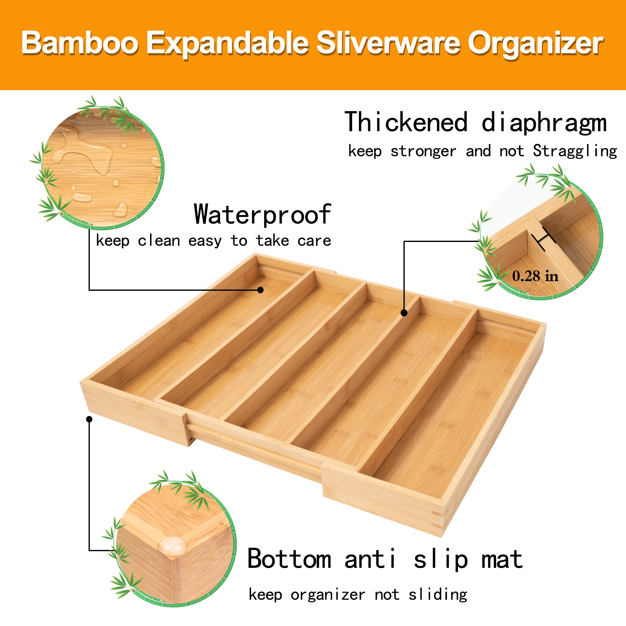 oridom Bamboo Silverware Organizer, Expandable Kitchen Drawer Organizer, Multi-Purpose Storage for Utensil Organizer, Large Capacity Cutlery Organizer in Drawer