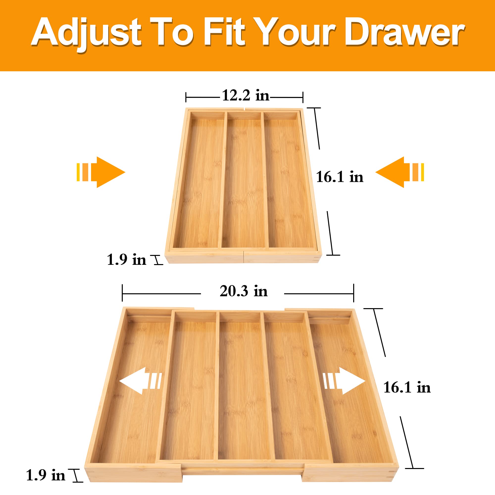 oridom Bamboo Silverware Organizer, Expandable Kitchen Drawer Organizer, Multi-Purpose Storage for Utensil Organizer, Large Capacity Cutlery Organizer in Drawer