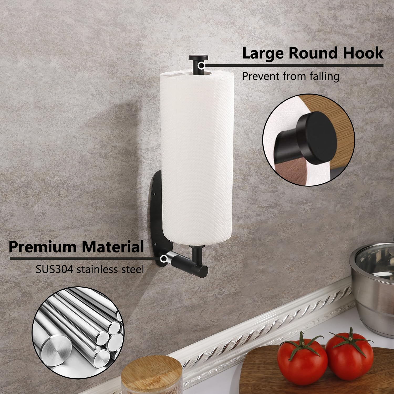 Single Hand Operable Paper Towel Holder Under Cabinet with Damping Effect, Self Adhesive Paper Towel Roll Holder Wall Mount for Kitchen Bathroom, SUS304 Stainless Steel, Black