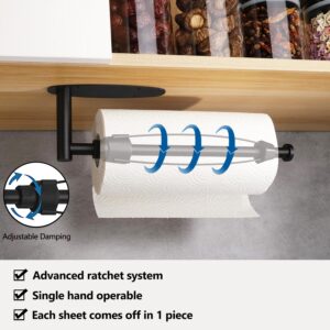 Single Hand Operable Paper Towel Holder Under Cabinet with Damping Effect, Self Adhesive Paper Towel Roll Holder Wall Mount for Kitchen Bathroom, SUS304 Stainless Steel, Black