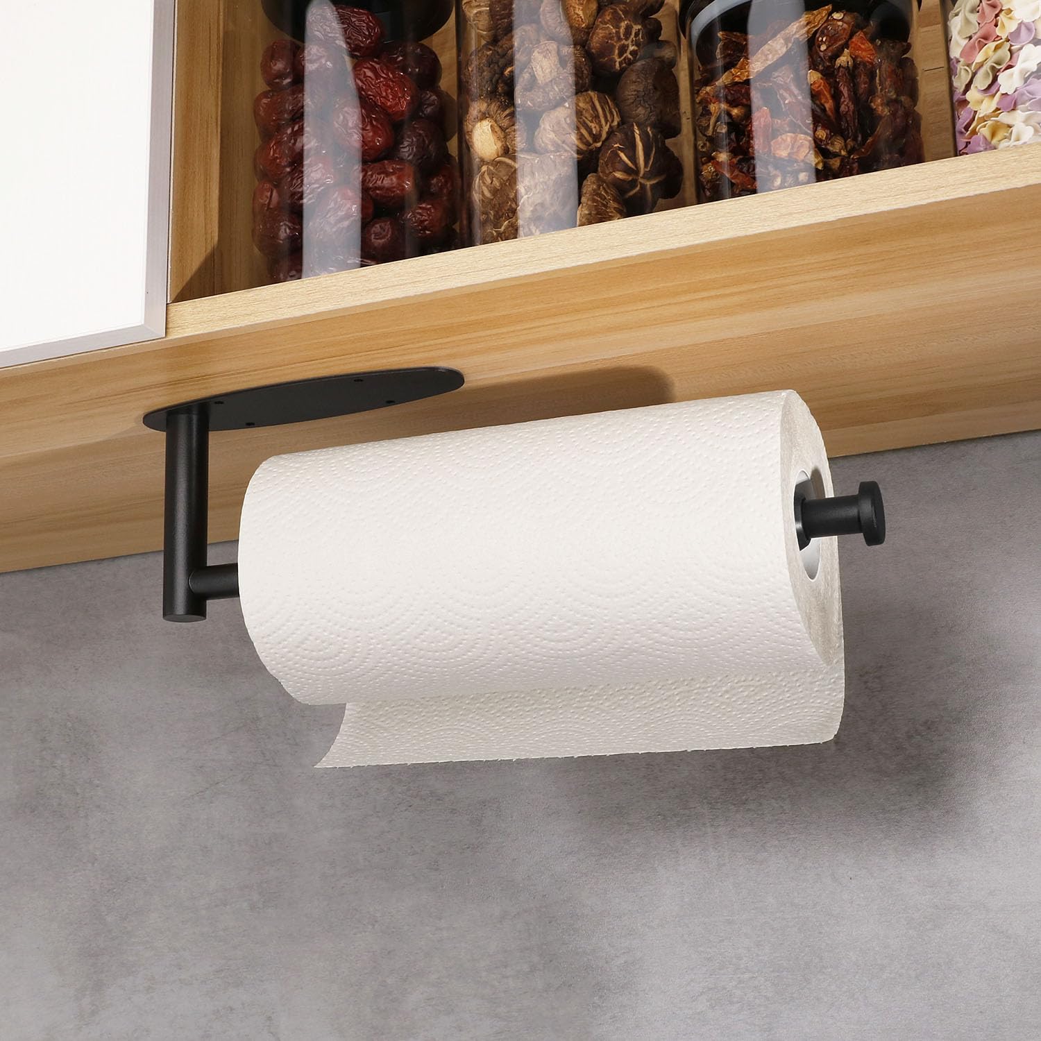 Single Hand Operable Paper Towel Holder Under Cabinet with Damping Effect, Self Adhesive Paper Towel Roll Holder Wall Mount for Kitchen Bathroom, SUS304 Stainless Steel, Black