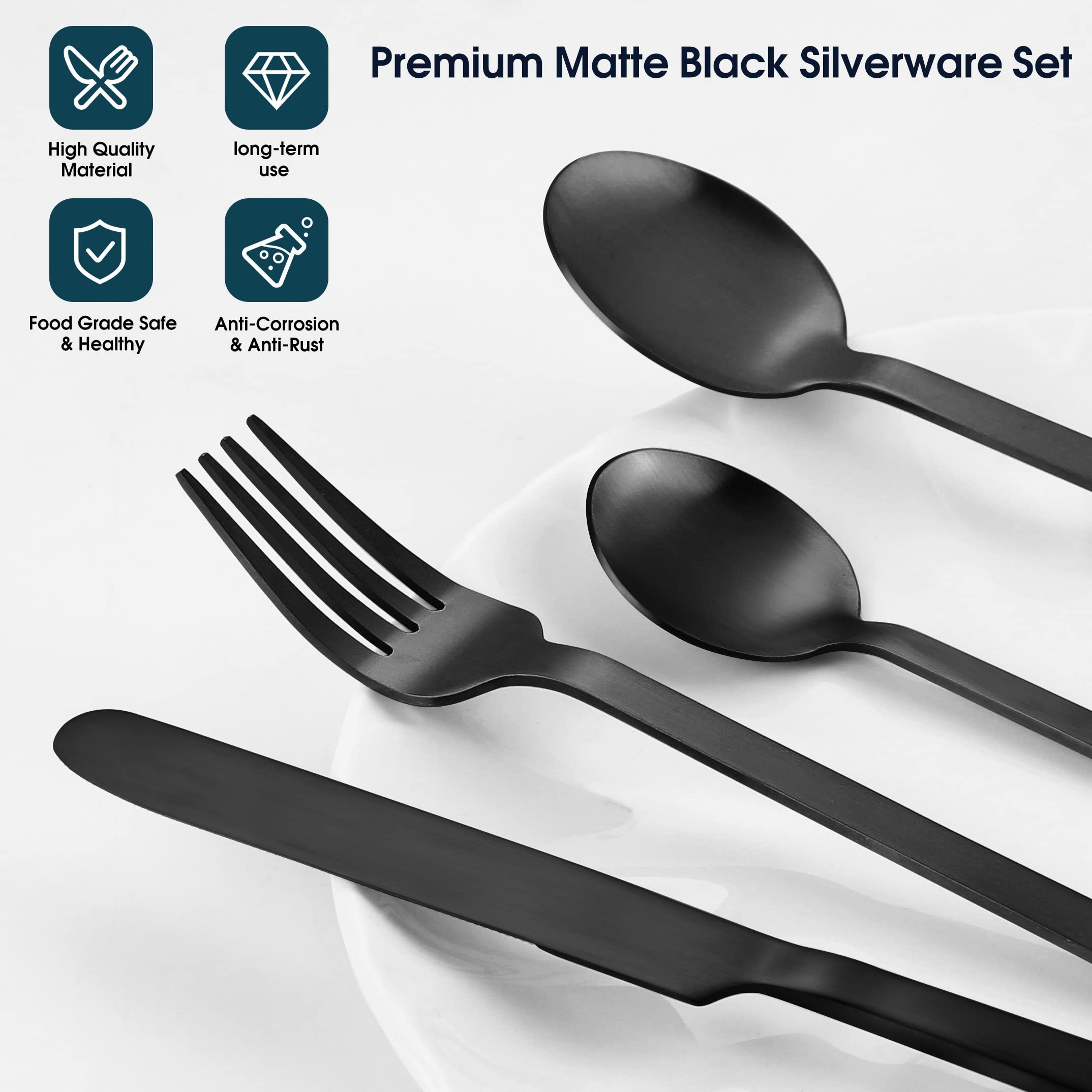 Barbbon 20 Pieces Matte Black Silverware Set，Stainless Steel Black Flatware Set, Food-Grade Cutlery Set for 4,Satin Finished Tableware Eating Utensil Set, Dishwasher Safe