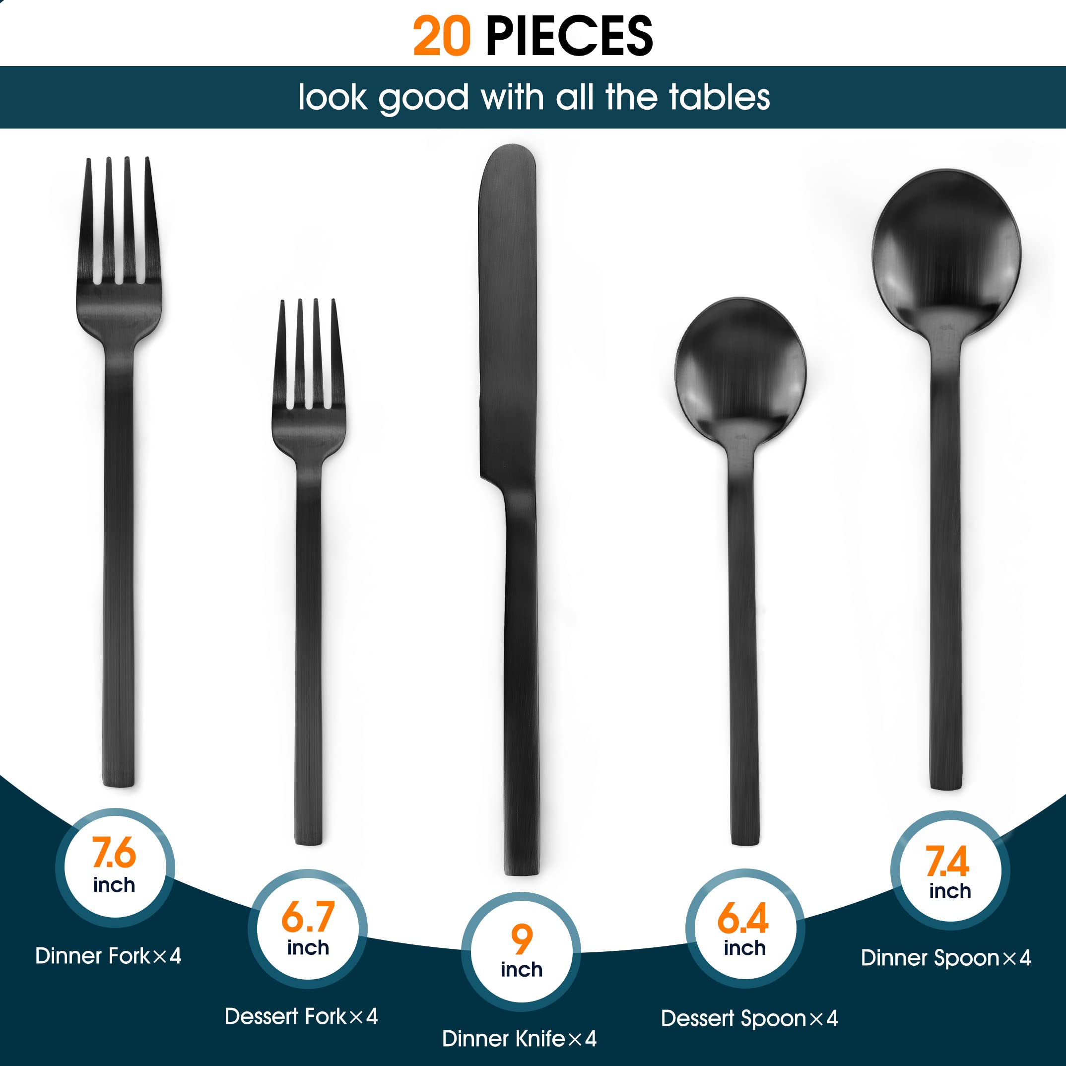 Barbbon 20 Pieces Matte Black Silverware Set，Stainless Steel Black Flatware Set, Food-Grade Cutlery Set for 4,Satin Finished Tableware Eating Utensil Set, Dishwasher Safe