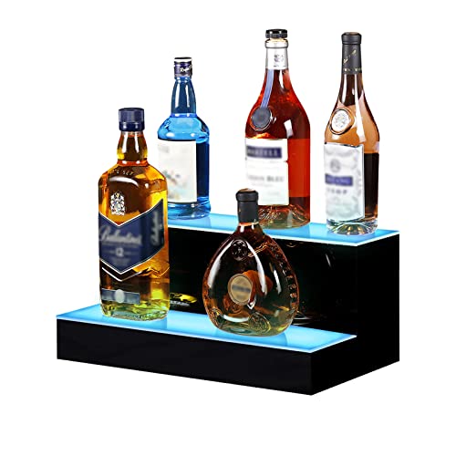 MESAILUP 16 Inch LED Lighted Liquor Bottle Display 2 Step Illuminated Bottle Shelf 2 Tier Home Bar Drinks Commercial Lighting Shelves with Remote Control (2 Tier, 16 inch)