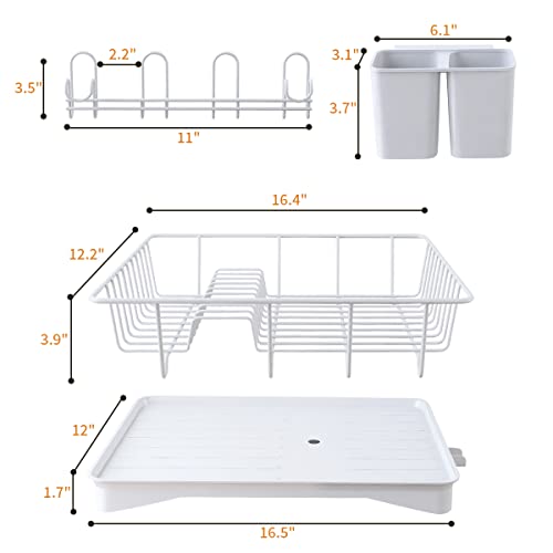 H-SPACE Dish Drying Rack, Space-Saving Dish Rack, Dish Racks for Kitchen Counter, Durable Metal Kitchen Drying Rack with a Cutlery Holder, Drying Rack for Dishes, Knives, Spoons, and Forks, White