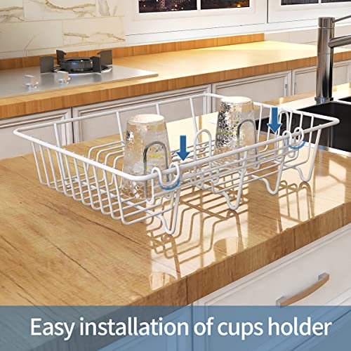 H-SPACE Dish Drying Rack, Space-Saving Dish Rack, Dish Racks for Kitchen Counter, Durable Metal Kitchen Drying Rack with a Cutlery Holder, Drying Rack for Dishes, Knives, Spoons, and Forks, White