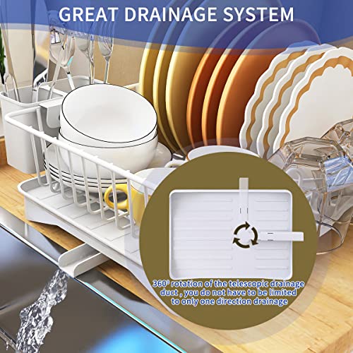 H-SPACE Dish Drying Rack, Space-Saving Dish Rack, Dish Racks for Kitchen Counter, Durable Metal Kitchen Drying Rack with a Cutlery Holder, Drying Rack for Dishes, Knives, Spoons, and Forks, White