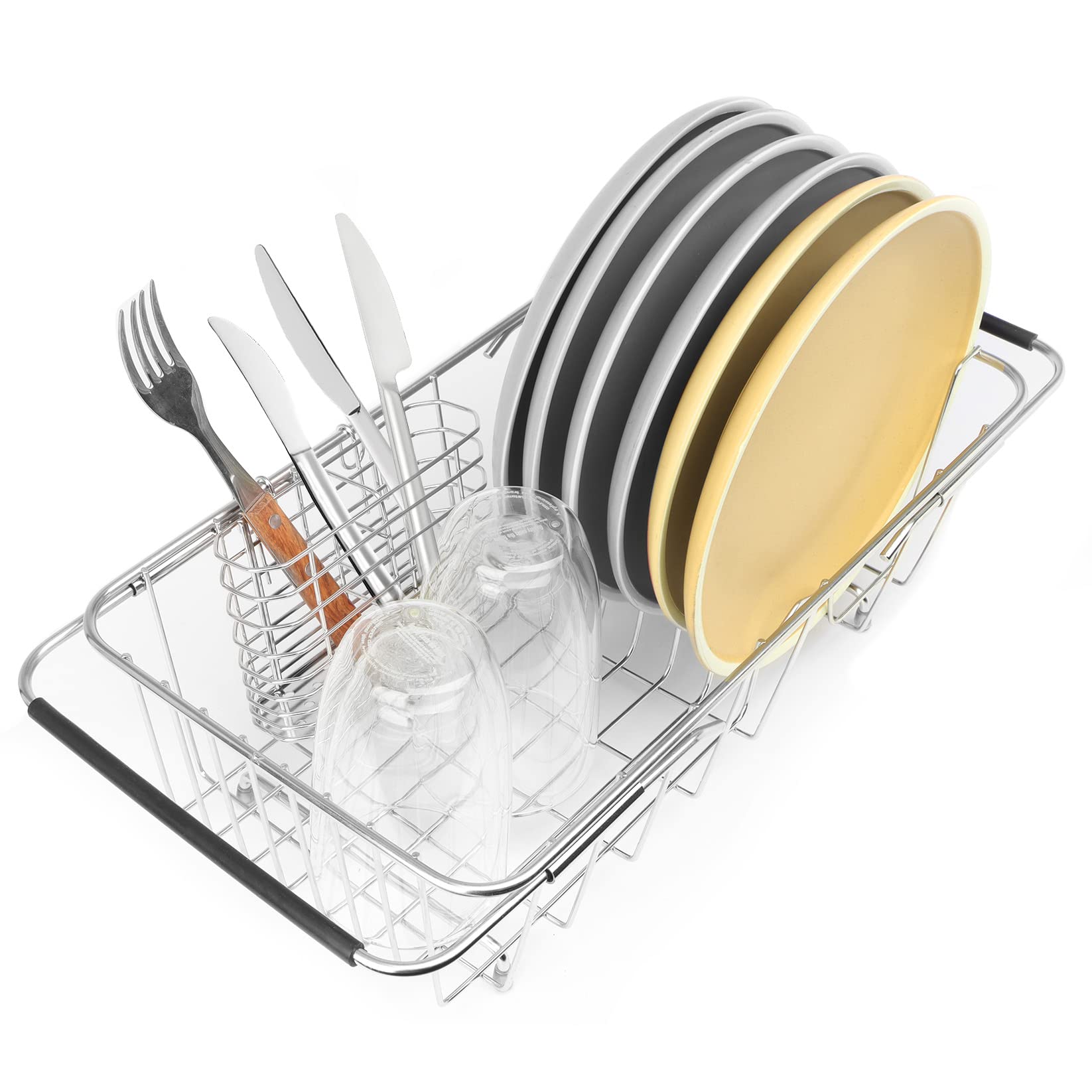 BTLATHA Sink Dish Drainer Rack, Expandable 304 Stainless Steel Dish Drying Rack Organizer with Stainless Steel Utensil Rack, Adjustable 14.96" to 20.59" Inside The Sink (up to 7 Upright Utensils).