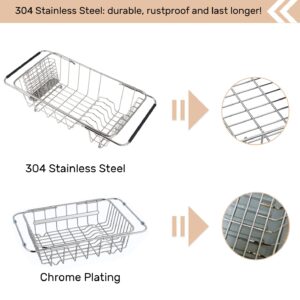 BTLATHA Sink Dish Drainer Rack, Expandable 304 Stainless Steel Dish Drying Rack Organizer with Stainless Steel Utensil Rack, Adjustable 14.96" to 20.59" Inside The Sink (up to 7 Upright Utensils).