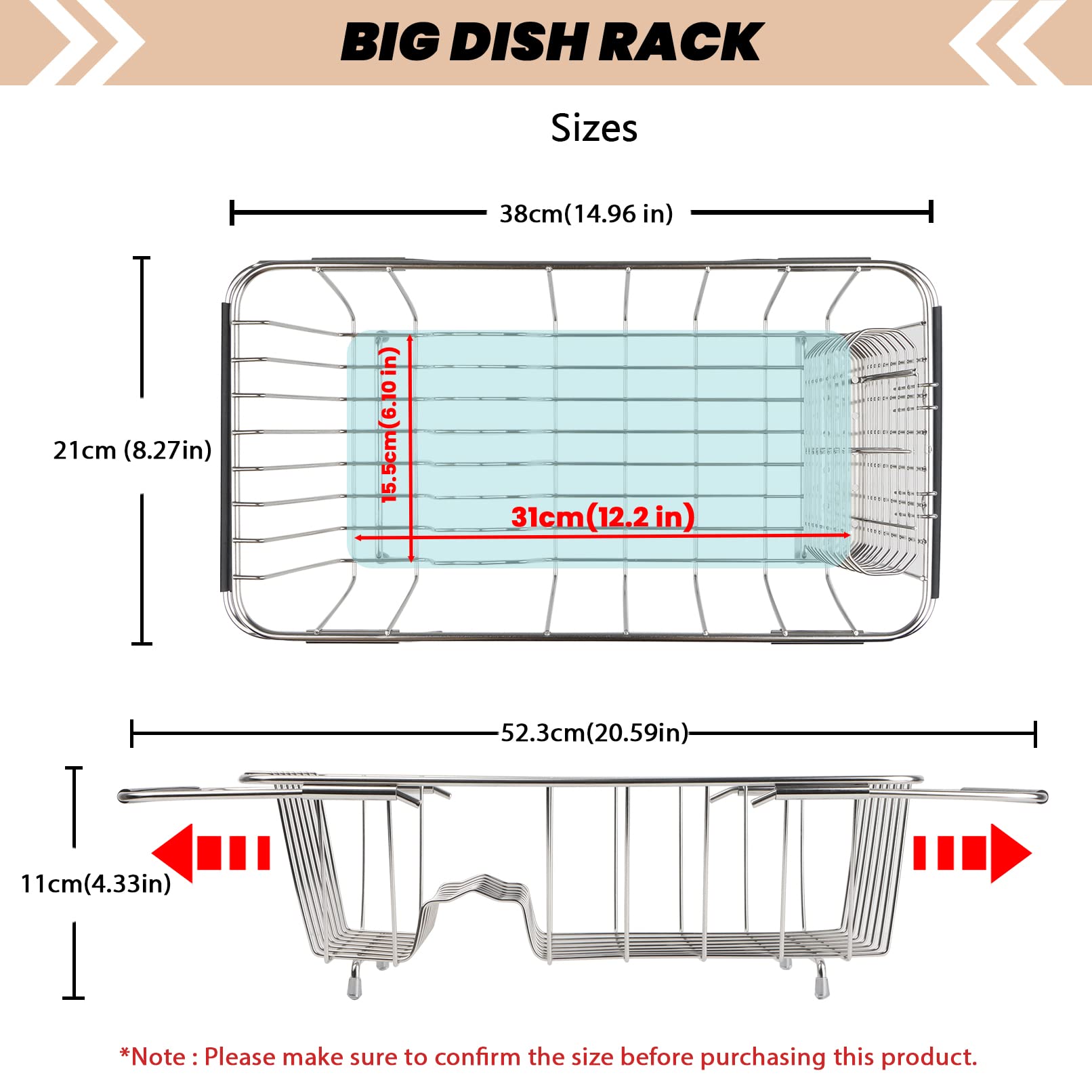 BTLATHA Sink Dish Drainer Rack, Expandable 304 Stainless Steel Dish Drying Rack Organizer with Stainless Steel Utensil Rack, Adjustable 14.96" to 20.59" Inside The Sink (up to 7 Upright Utensils).