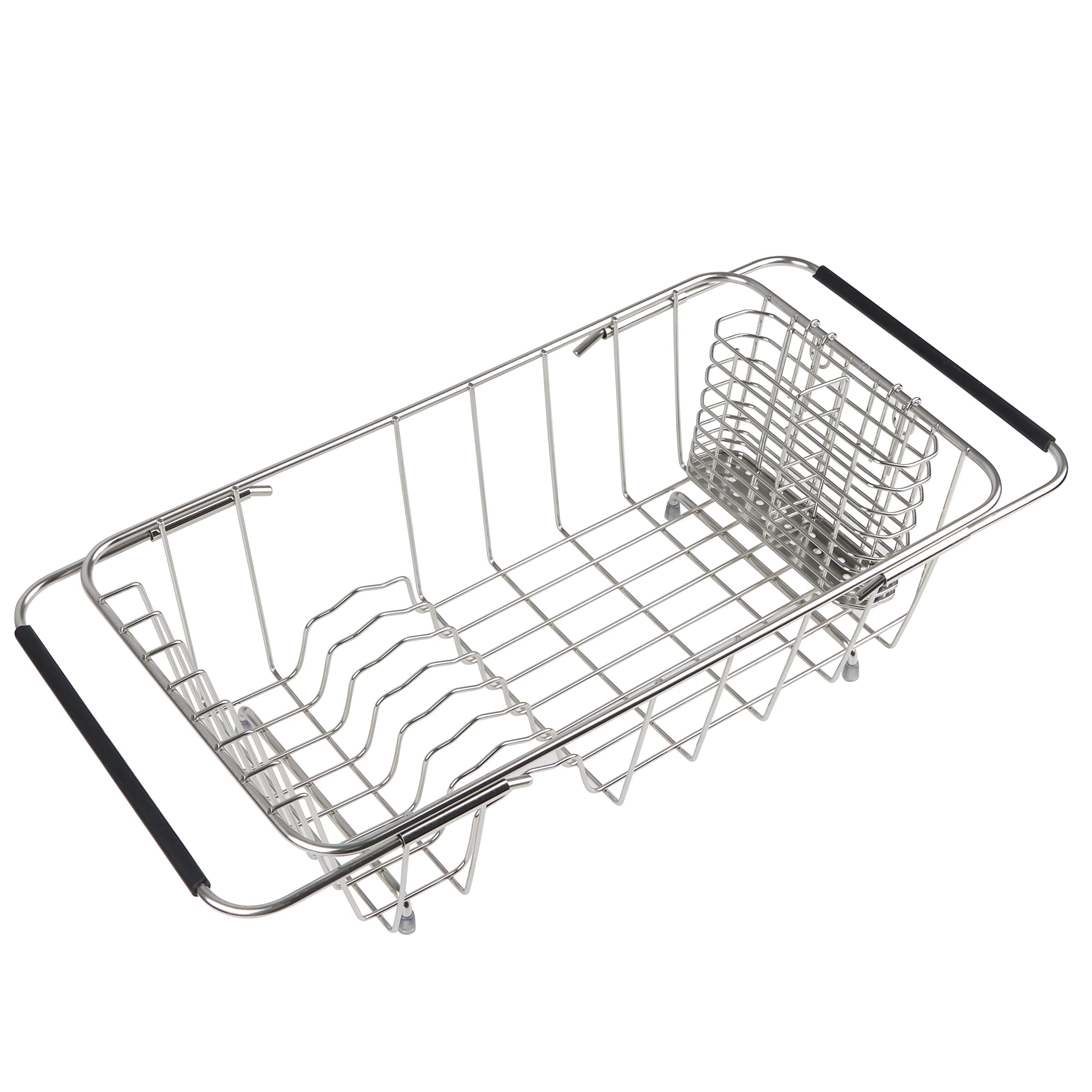 BTLATHA Sink Dish Drainer Rack, Expandable 304 Stainless Steel Dish Drying Rack Organizer with Stainless Steel Utensil Rack, Adjustable 14.96" to 20.59" Inside The Sink (up to 7 Upright Utensils).