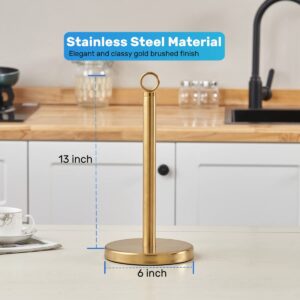 Gold Paper Towel Holder Countertop, Stainless Steel Heavy Base, Paper Towel Rack, Paper Towel Holder Stand, Ripping Paper Towel Off One-Handed, No Wobbly (Brushed Gold)