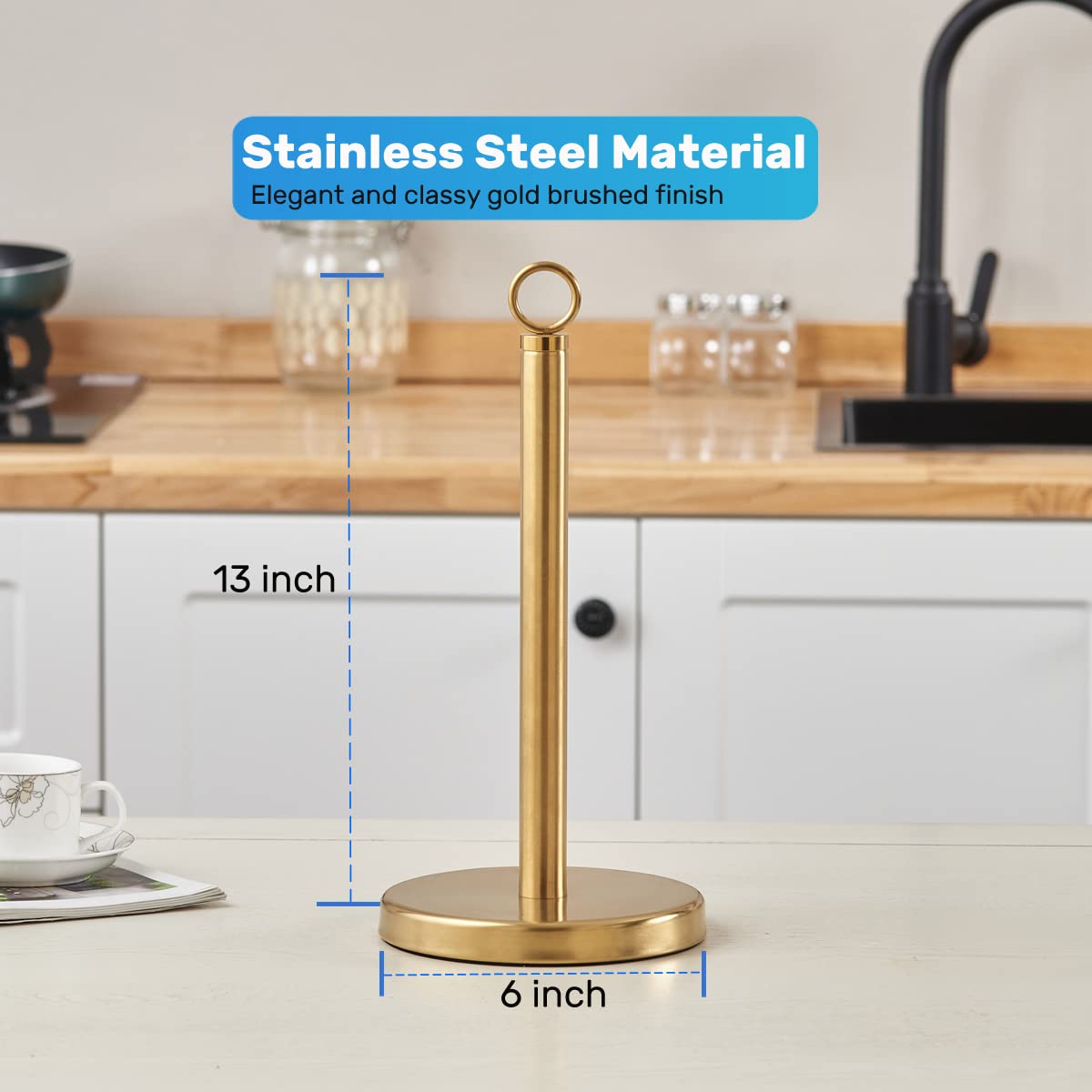 Gold Paper Towel Holder Countertop, Stainless Steel Heavy Base, Paper Towel Rack, Paper Towel Holder Stand, Ripping Paper Towel Off One-Handed, No Wobbly (Brushed Gold)