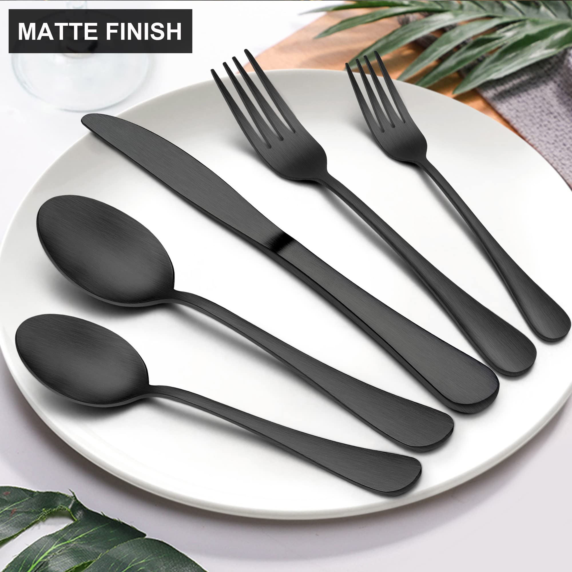 LIANYU 20 Piece Matte Black Silverware Set, Stainless Steel Black Flatware Cutlery Set for 4, Fancy Kitchen Utensil Tableware Set for Home Restaurant Party, Satin Finish, Dishwasher Safe