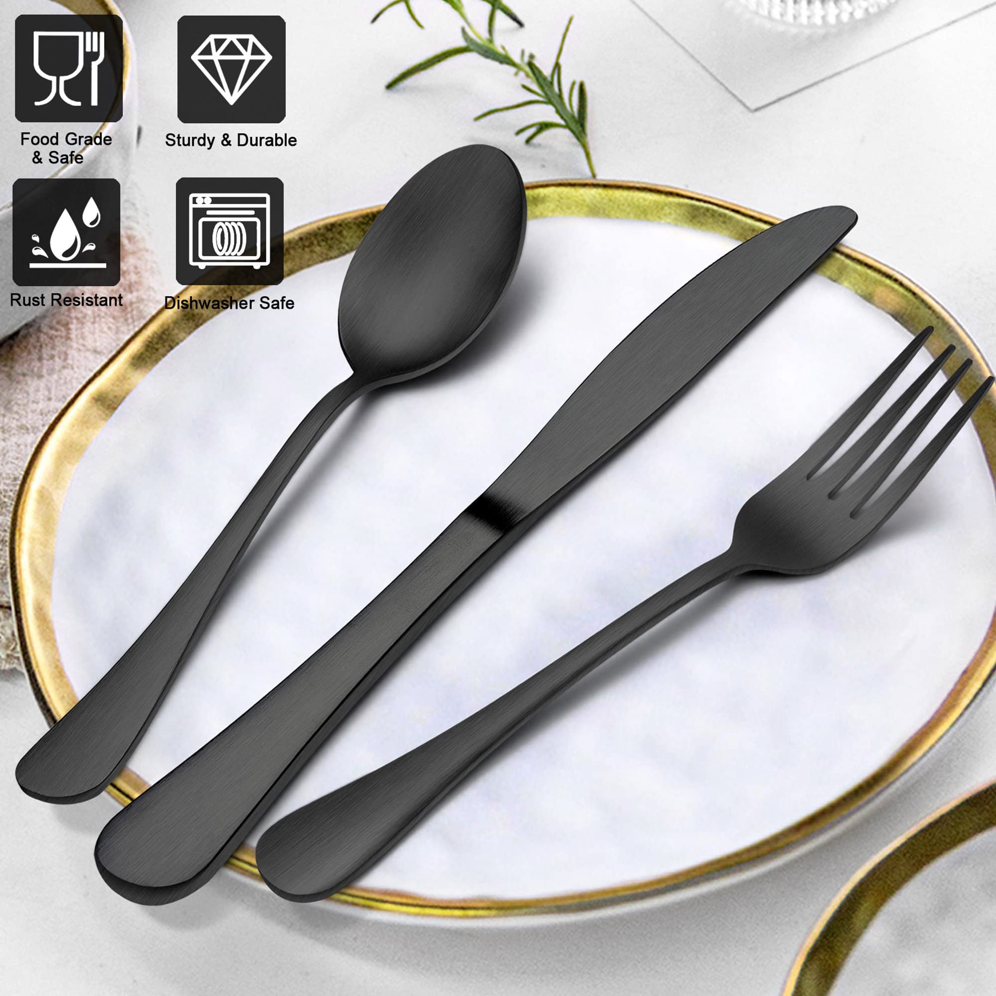 LIANYU 20 Piece Matte Black Silverware Set, Stainless Steel Black Flatware Cutlery Set for 4, Fancy Kitchen Utensil Tableware Set for Home Restaurant Party, Satin Finish, Dishwasher Safe