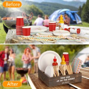 Paper Plate Holder, Plastic Silverware Caddy, Utensil Dispenser Caddy for Party Picnic Camping BBQ, Disposable Spoon Fork Knives Dish Cup Napkin Wood Storage Organizer for Kitchen Counter