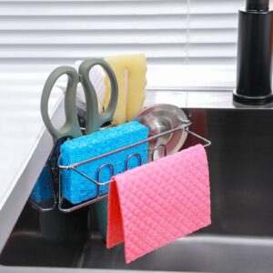 maiseen kitchen sink caddy sponge holder， space saving kitchen sink organizer + sink brush holder + dish rag holder, 304 stainless steel, multi-purpose 6 in 1 kitchen sink accessories. silver