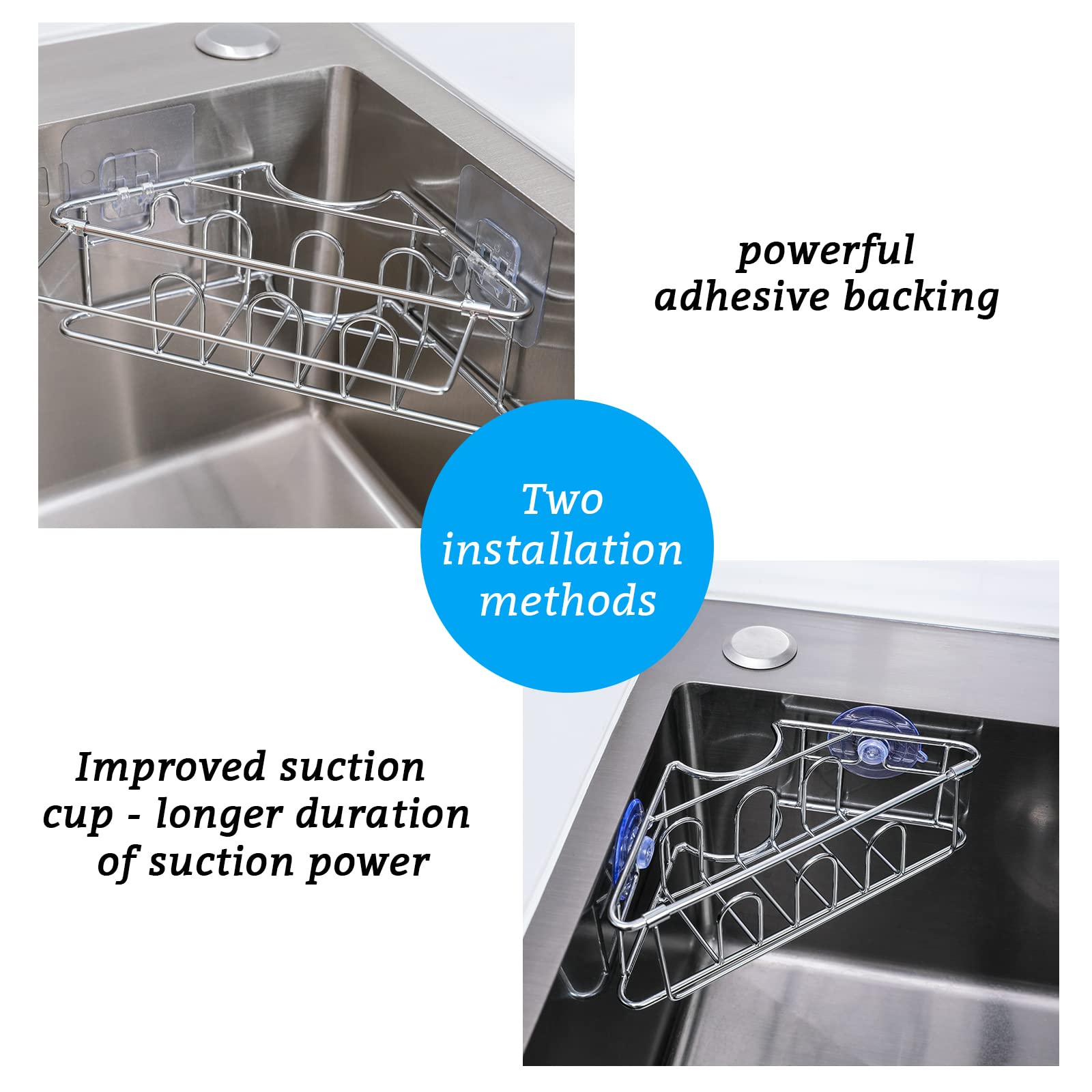 MAISEEN Kitchen Sink Caddy Sponge Holder， Space Saving Kitchen Sink Organizer + Sink Brush Holder + Dish Rag Holder, 304 Stainless Steel, Multi-Purpose 6 In 1 Kitchen Sink Accessories. Silver