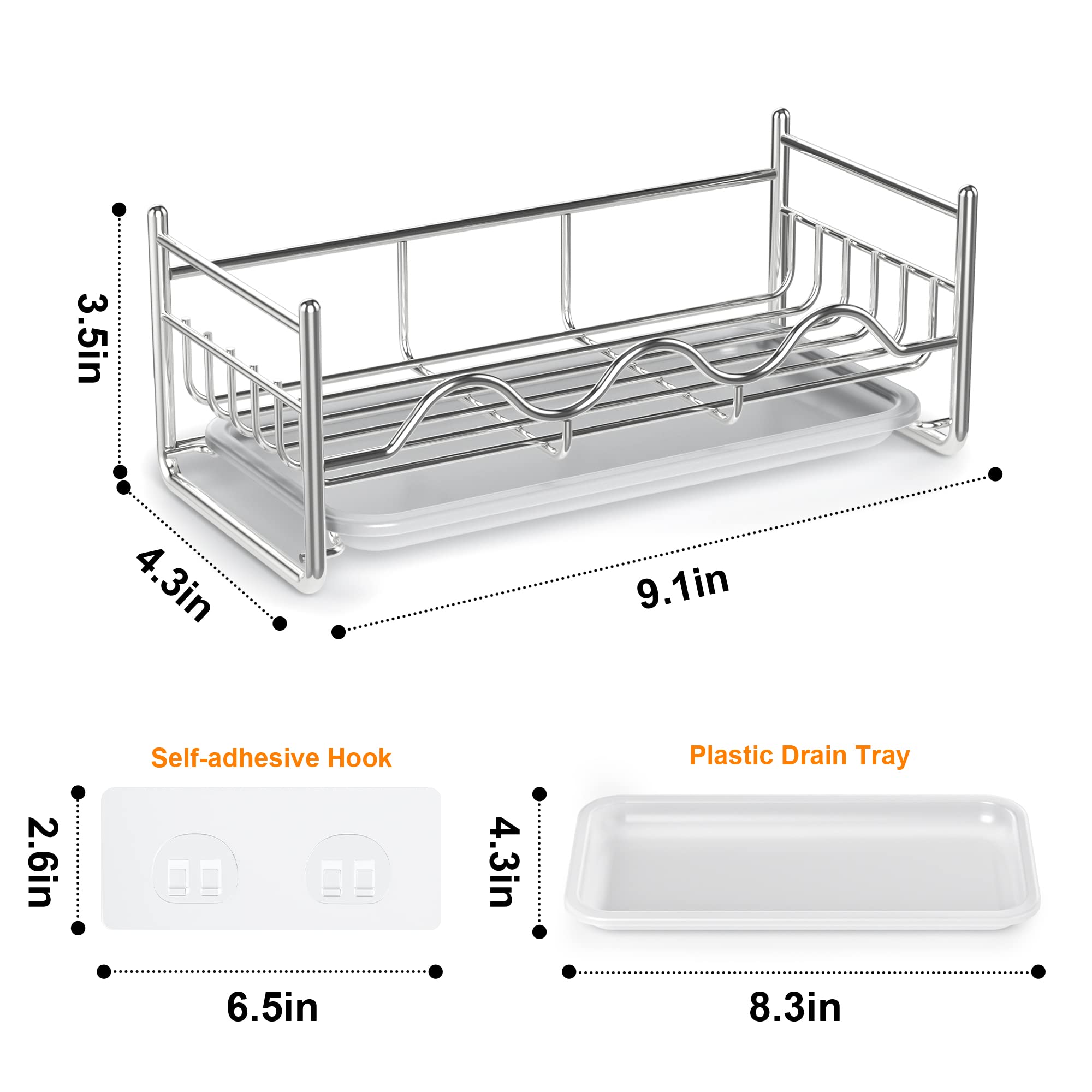 KOYLIM Sink Caddy Sponge Holder - Stainless Steel Kitchen Sink Organizer with Removable Drain Tray - Brush and Dish Soap Dispenser Storage Rack for Kitchen Counter (Silver)