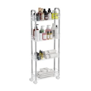 tesoin under sink organizers and storage，4 tier clear movable slim rolling storage cart bathroom organizer under cabinet storage, slide out narrow shelf organization for kitchen bathroom warehouse