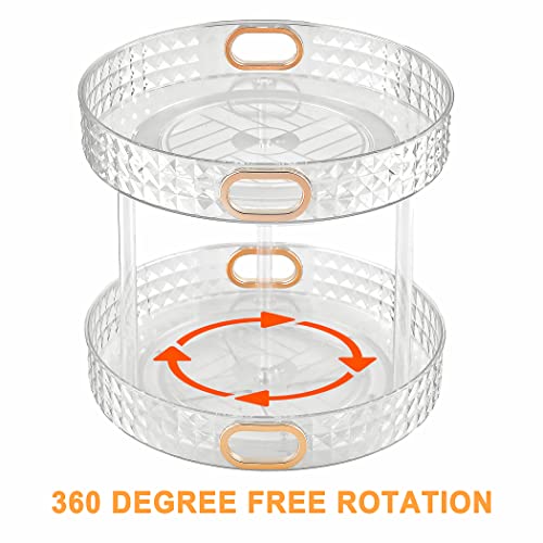 YEAVS 2 Tier Lazy Susan, 11 Inch Clear Turntable 360° Rotating Deep Spice Makeup Organizer, Plastic Cosmetic Holder Condiment Rack with Handle for Kitchen Cabinet, Countertop, Bathroom Storage