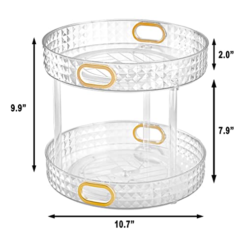 YEAVS 2 Tier Lazy Susan, 11 Inch Clear Turntable 360° Rotating Deep Spice Makeup Organizer, Plastic Cosmetic Holder Condiment Rack with Handle for Kitchen Cabinet, Countertop, Bathroom Storage