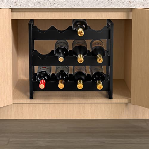 AVLA Metal Wine Rack Freestanding, Rustic 3 Tier Countertop Bottle Holder, Liquor Display Storage Organizer Stand, 12 Bottles Solid Floor Wine Cabinet Shelf for Kitchen, Tabletop, Bar, Dining Room