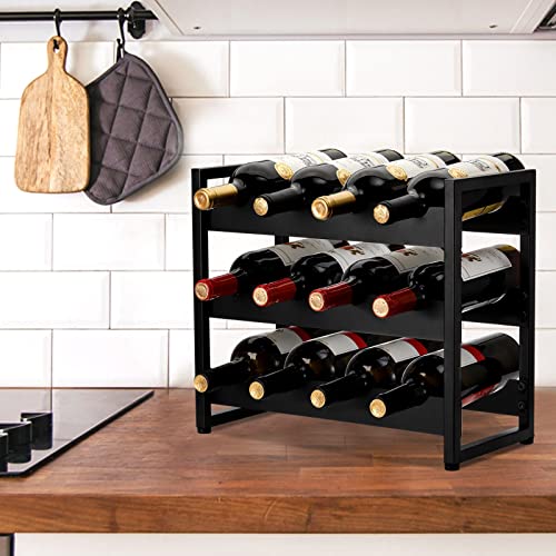 AVLA Metal Wine Rack Freestanding, Rustic 3 Tier Countertop Bottle Holder, Liquor Display Storage Organizer Stand, 12 Bottles Solid Floor Wine Cabinet Shelf for Kitchen, Tabletop, Bar, Dining Room