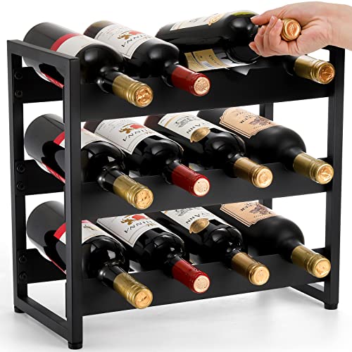 AVLA Metal Wine Rack Freestanding, Rustic 3 Tier Countertop Bottle Holder, Liquor Display Storage Organizer Stand, 12 Bottles Solid Floor Wine Cabinet Shelf for Kitchen, Tabletop, Bar, Dining Room