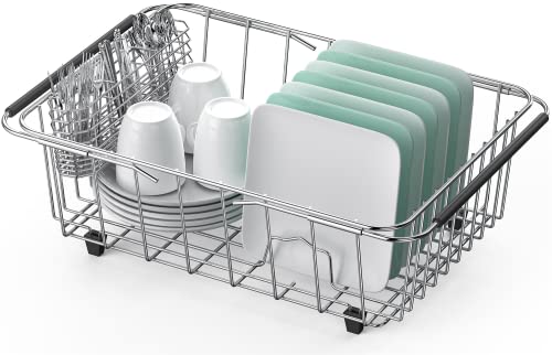 Large Sink Dish Drying Rack, Expandable 304 Stainless Steel Metal Dish Drainer Rack Organizer Shelves with Stainless Steel Utensil Holder Over Inside Sink, Rustproof