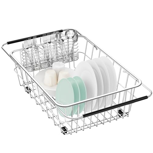 Large Sink Dish Drying Rack, Expandable 304 Stainless Steel Metal Dish Drainer Rack Organizer Shelves with Stainless Steel Utensil Holder Over Inside Sink, Rustproof