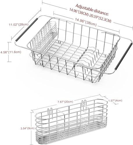 Large Sink Dish Drying Rack, Expandable 304 Stainless Steel Metal Dish Drainer Rack Organizer Shelves with Stainless Steel Utensil Holder Over Inside Sink, Rustproof