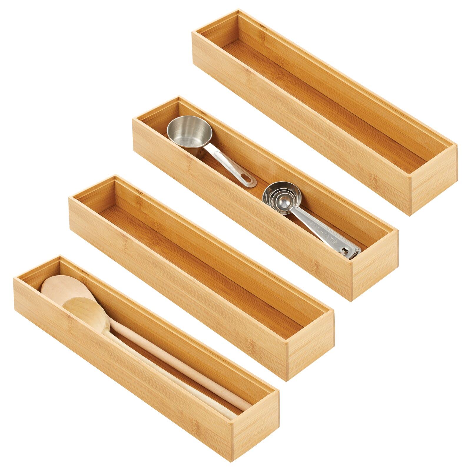 mDesign Slim Wooden Bamboo Drawer Organizer - 15" Long Stackable Storage Box Tray for Kitchen Drawers/Cabinet - Utensil, Silverware, Spatula, Flatware Holder - Echo Collection, 4 Pack, Natural Wood