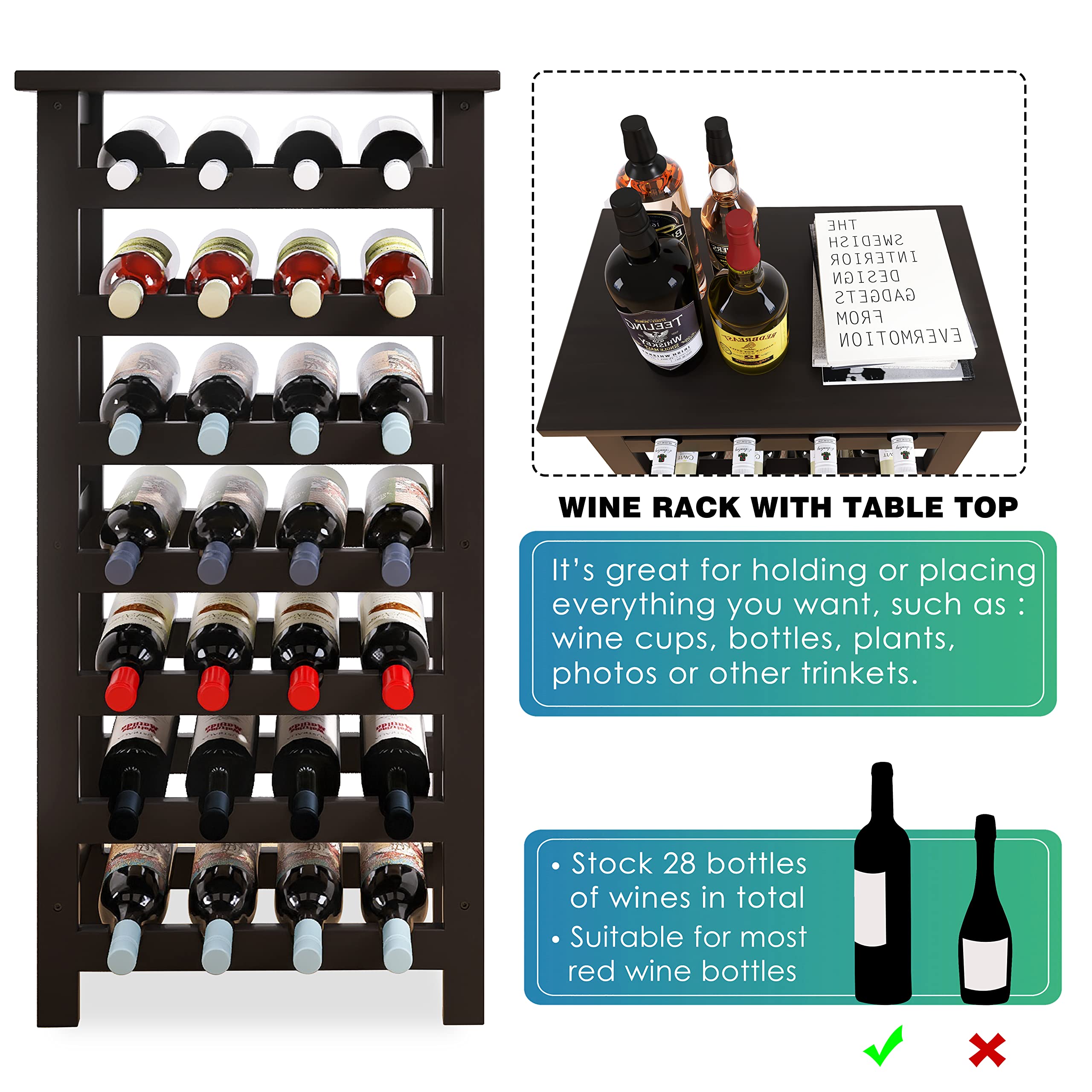 SMIBUY Bamboo Wine Rack, 28 Bottles Display Holder with Table Top, 7-Tier Free Standing Storage Shelves for Kitchen, Pantry, Cellar, Bar (Black)