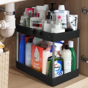 Eapele Under Sink Organizer - 2 Tier Under Bathroom Sink Organizers and Storage with Hooks - Multi-purpose Storage Shelf for Bathroom Kitchen Spice Makeup Cosmetics Vanity Narrow Space (Black)