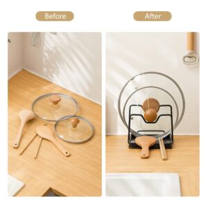 Poeland Pot Lid Holder, 2 Layers Pot Lid Organizer Multifunctional Lid and Spoon Rest Rack with Drip Tray for Pot Lids, Spatulas, Spoons, Cutting Boards