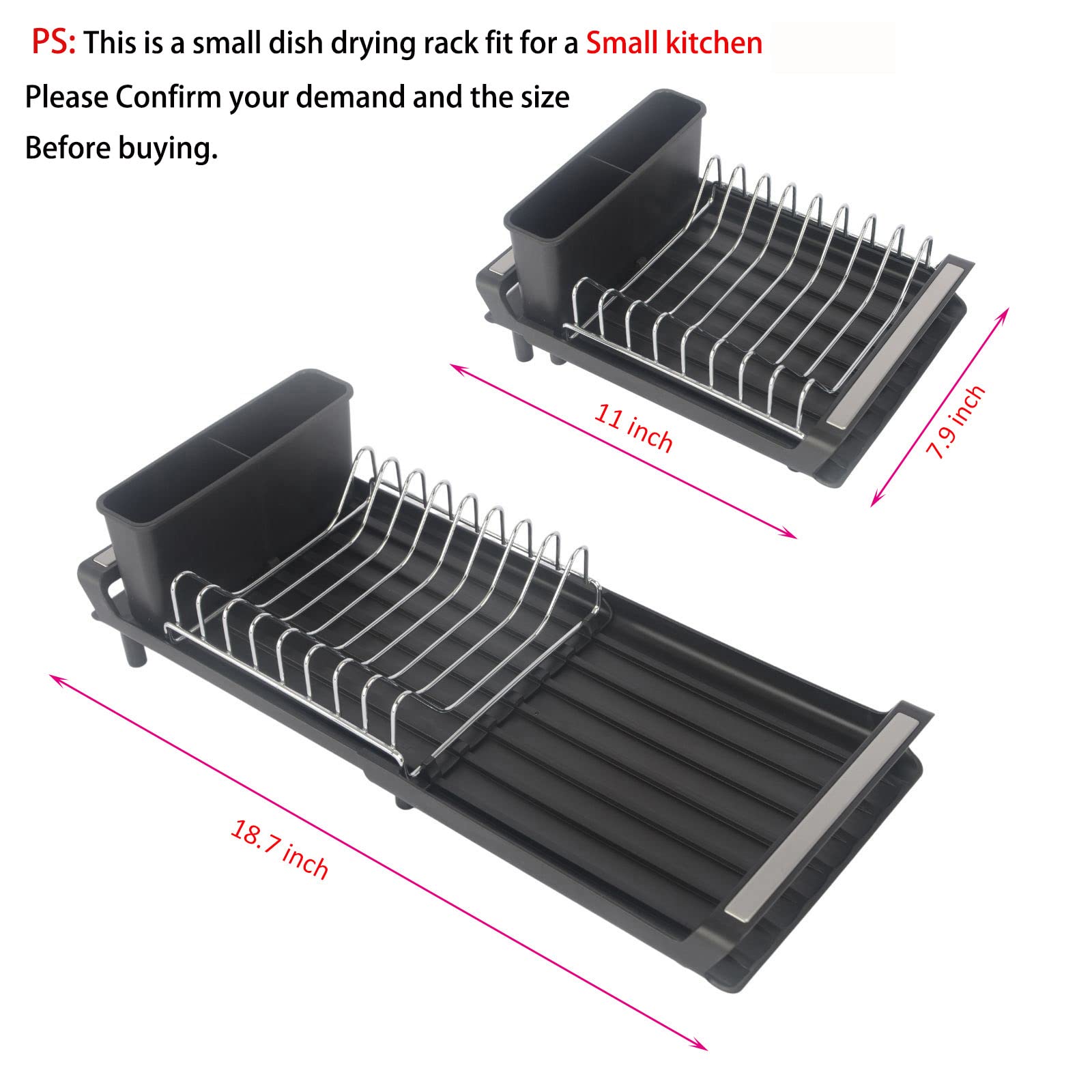 Yonloch Expandable Dish Drying Rack, Small Compact Dish Rack, Stainless Steel Dish Drainer, Small Sink Drainer with Removable Cutlery Holder for Sink or Kitchen Counter