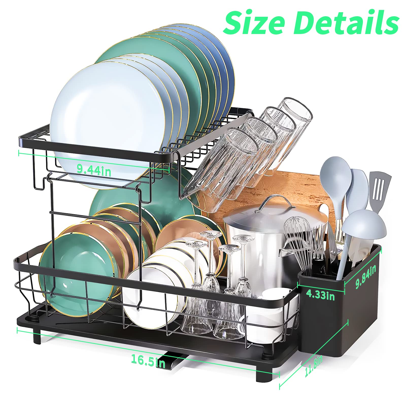 HNK Trend Dish Drying Rack, 2 Tier Stainless Steel Dish Rack with Drainboard, Dish Drainers for Kitchen Counter with Utensil Holder, Large Dishes Drying Rack Dish Drainer Organizer