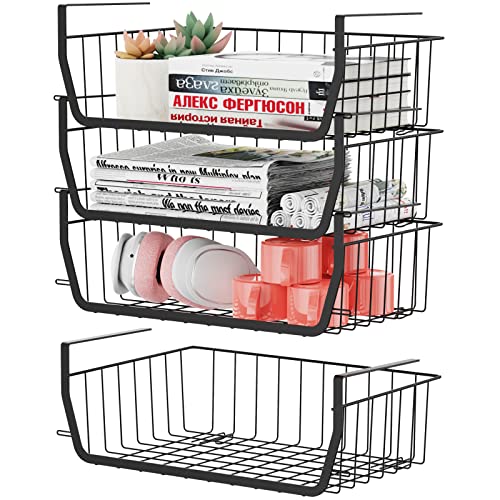 Under Shelf Basket, Veckle 4 Pack Stackable Under Cabinet Storage Space Saving Hanging Basket Easy to Install Pantry Organizer for Kitchen Bookshelf Cupboard, Black