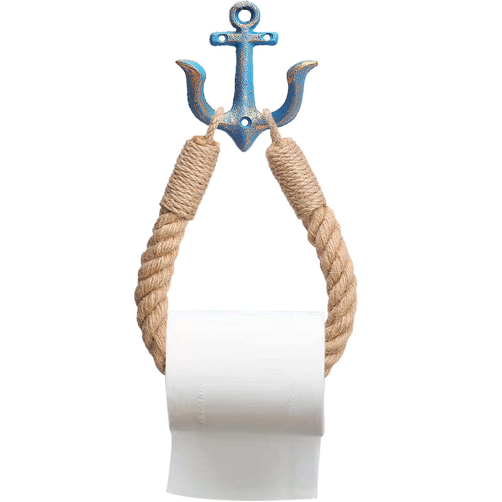 Agolla Nautical Toilet Paper Holder, Rustic-Industrial Wall-Mounted Beach Themed Rope Towel Ring with Metal Hook for Bathroom Decor (Blue)