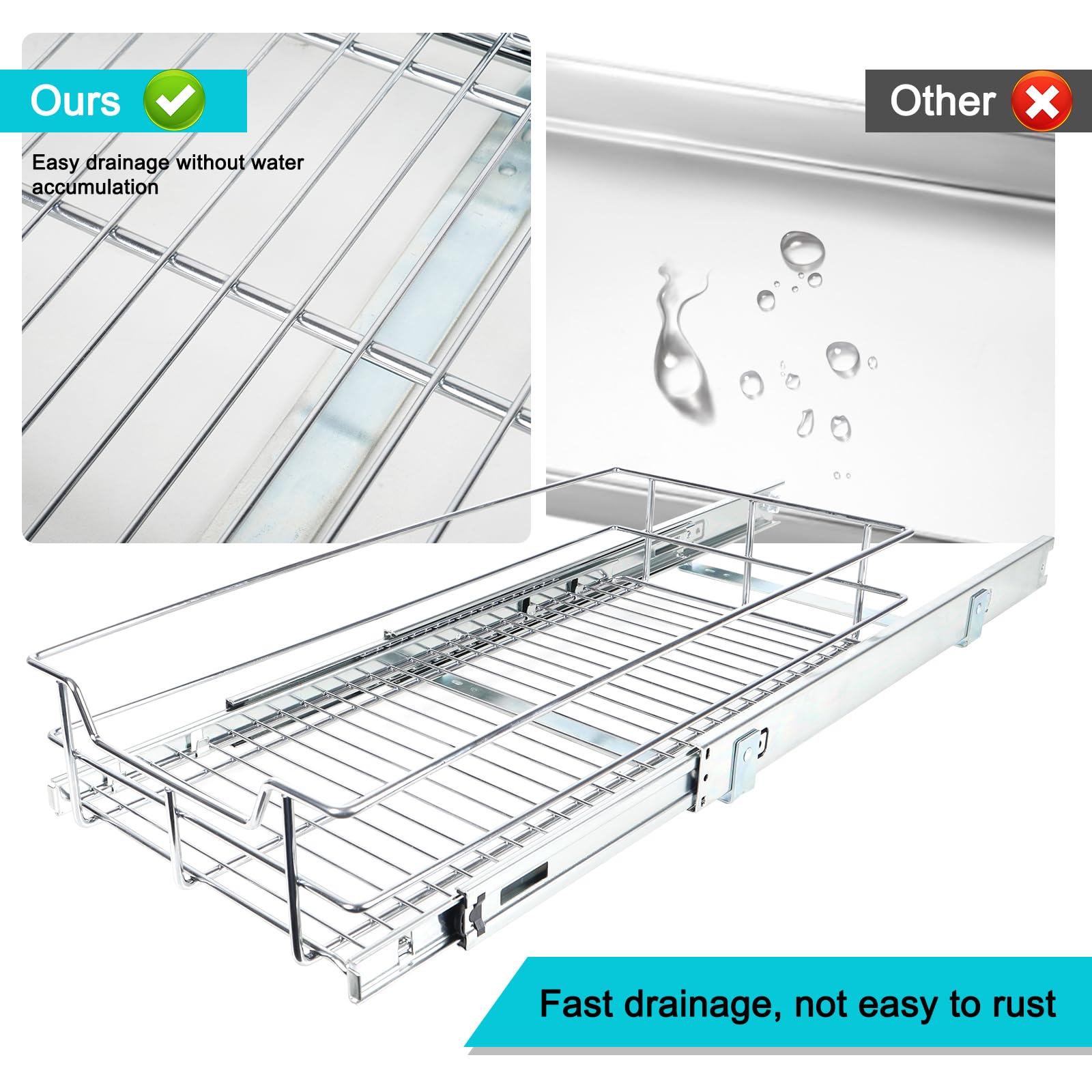 STORKING 1 Tier Wire Basket Pull Out Shelf Drawer Storage Organizer for Kitchen Base Cabinets Chrome-Plating (14x 22 x 5.3 Inch, 1 Tier)