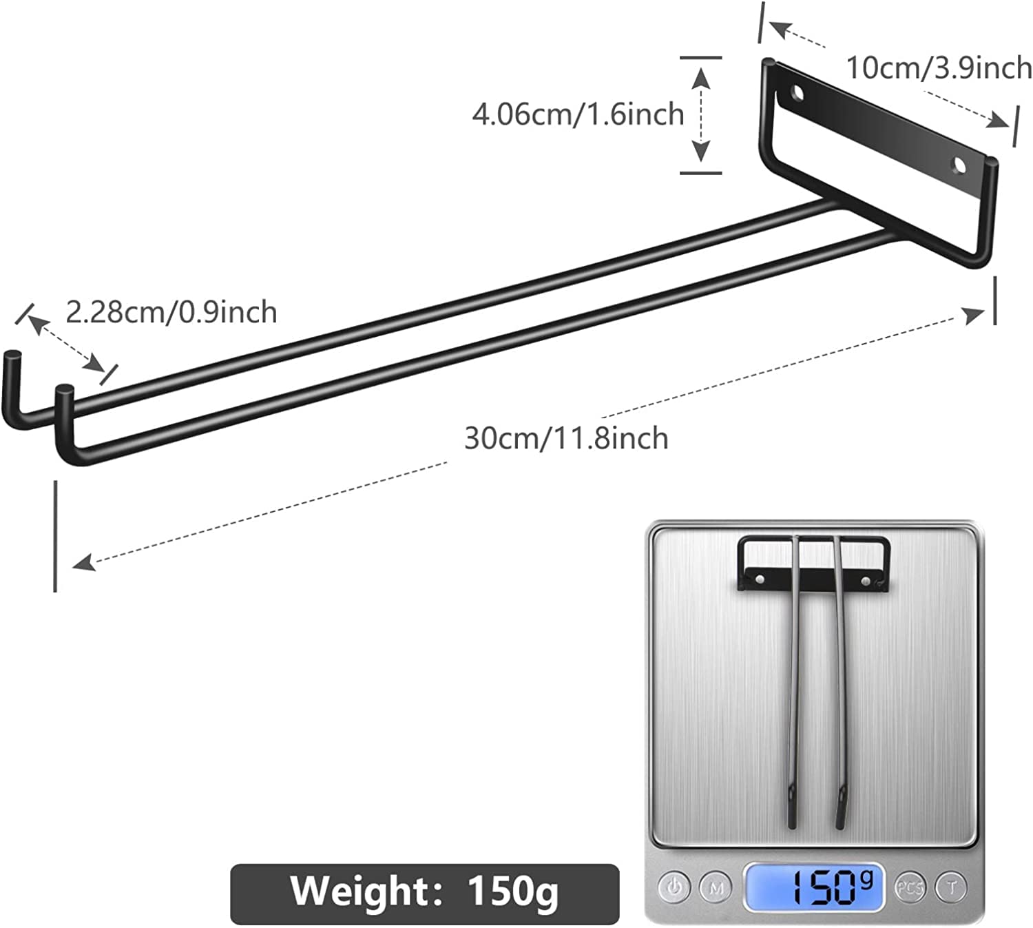 11.8 Inch Wine Glass Rack,Wine Glass Rack Under Cabinet Stainless Steel Stemware Rack - Hanging Stemware Holder for Cabinet Kitchen Bar 4 Pack Black